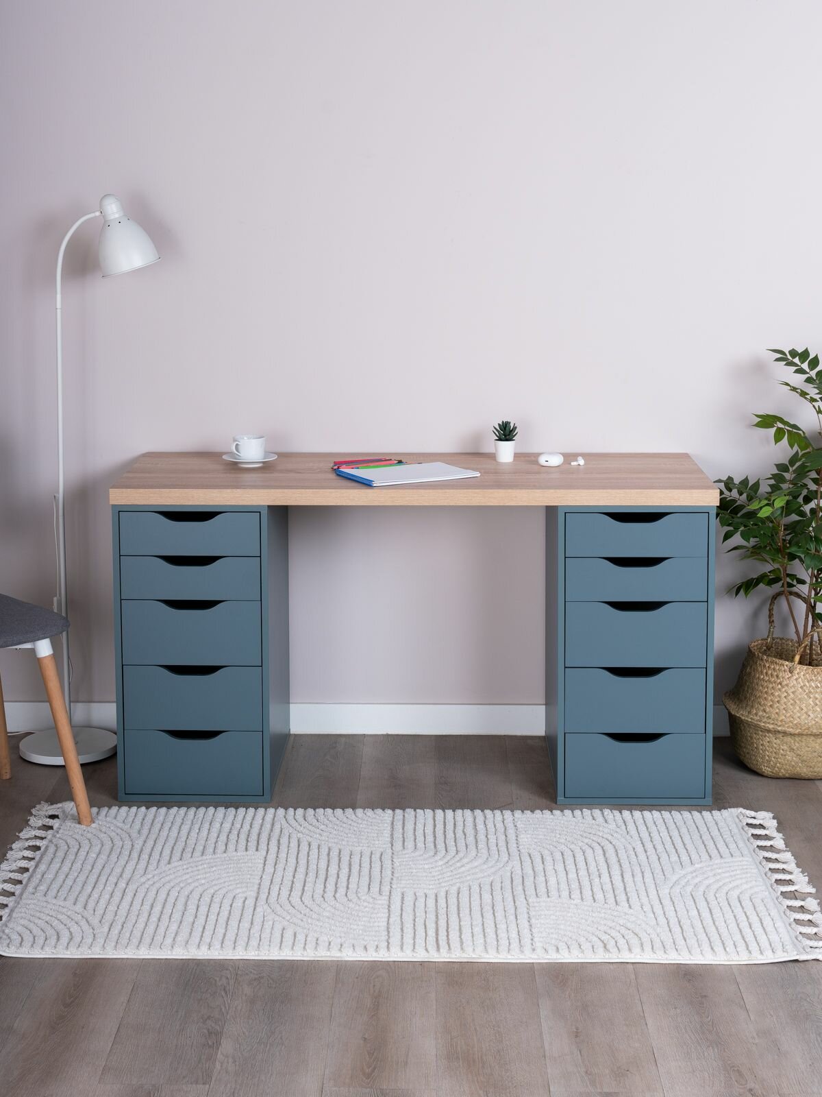 Стол письменный Ингар, 10 ящиков, 140х75х55 см, серо-бирюзовый, столешница дуб беленый, ГУД лакк