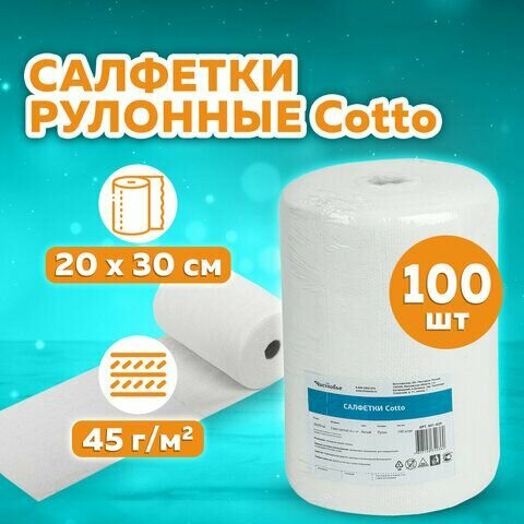 2 шт. Салфетка одноразовая белая в рулоне 100 шт. 20х30 см, cotto, 45 г/м2, чистовье, 601-829