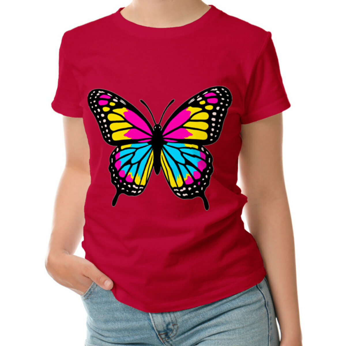 Женская футболка «Милая разноцветная бабочка» (красный, XL)