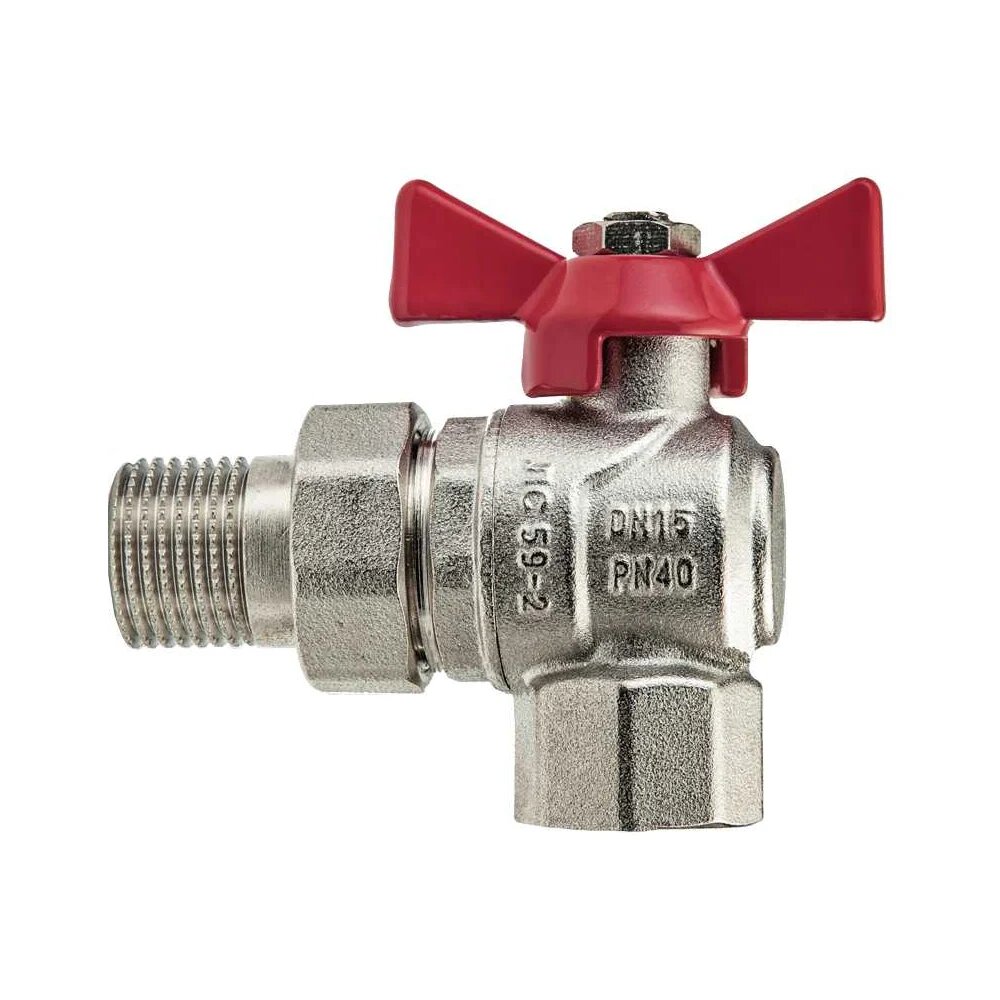 Кран шаровой угловой с американкой KROMWELL ручка-бабочка, 1/2" внутренняя - наружная резьба KW.186.04