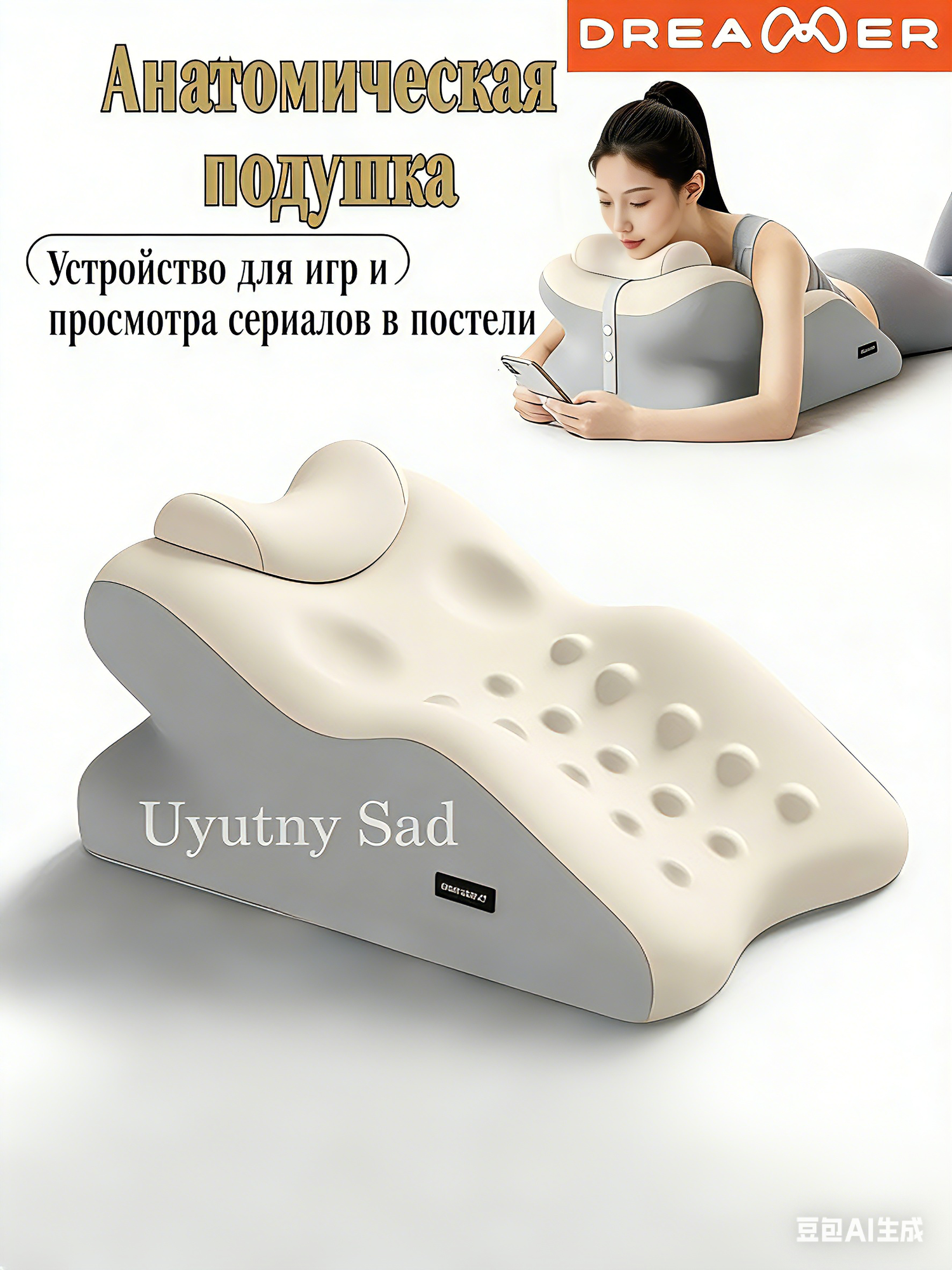 Подушка "Умный сон", анатомическая, двусторонняя, трикотаж Aloe Vera, светло-бежевая
