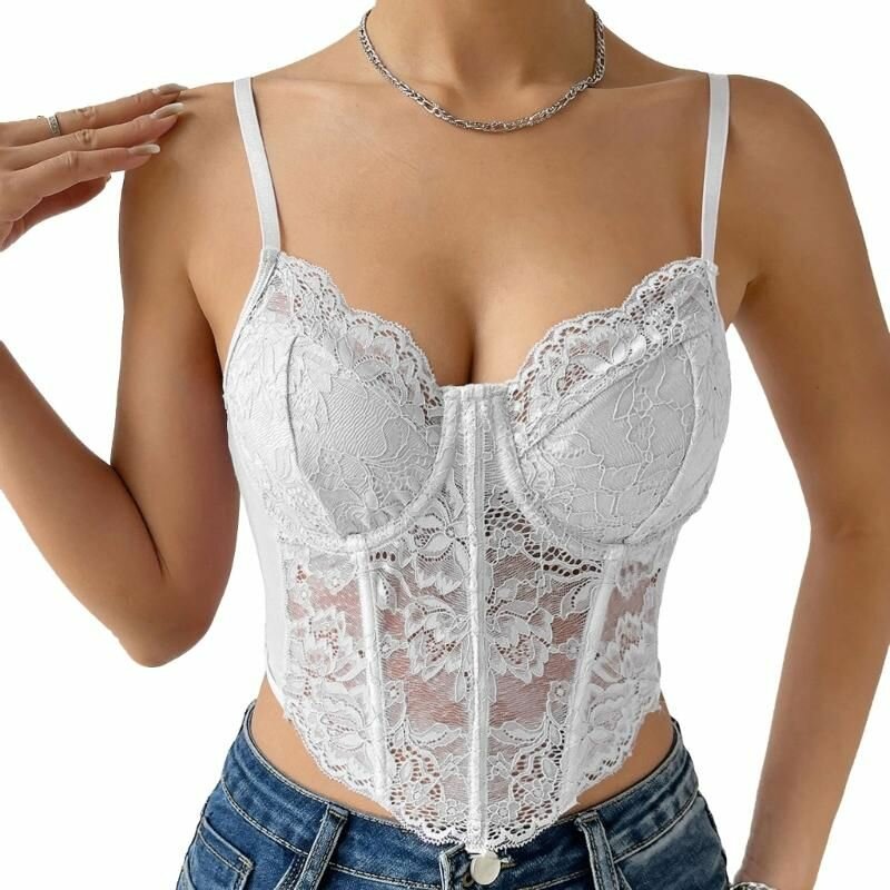 Женский прозрачный кружевной корсет с цветочным узором, Белый - L
