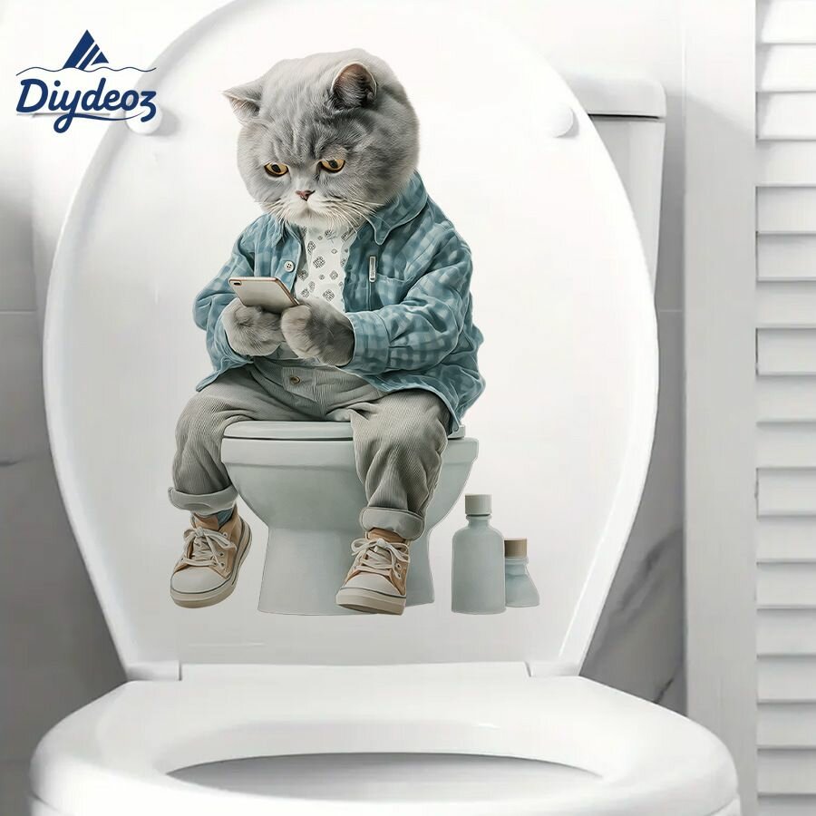 Наклейка на унитаз Кот со смартфоном , Забавный декор для ванной комнаты