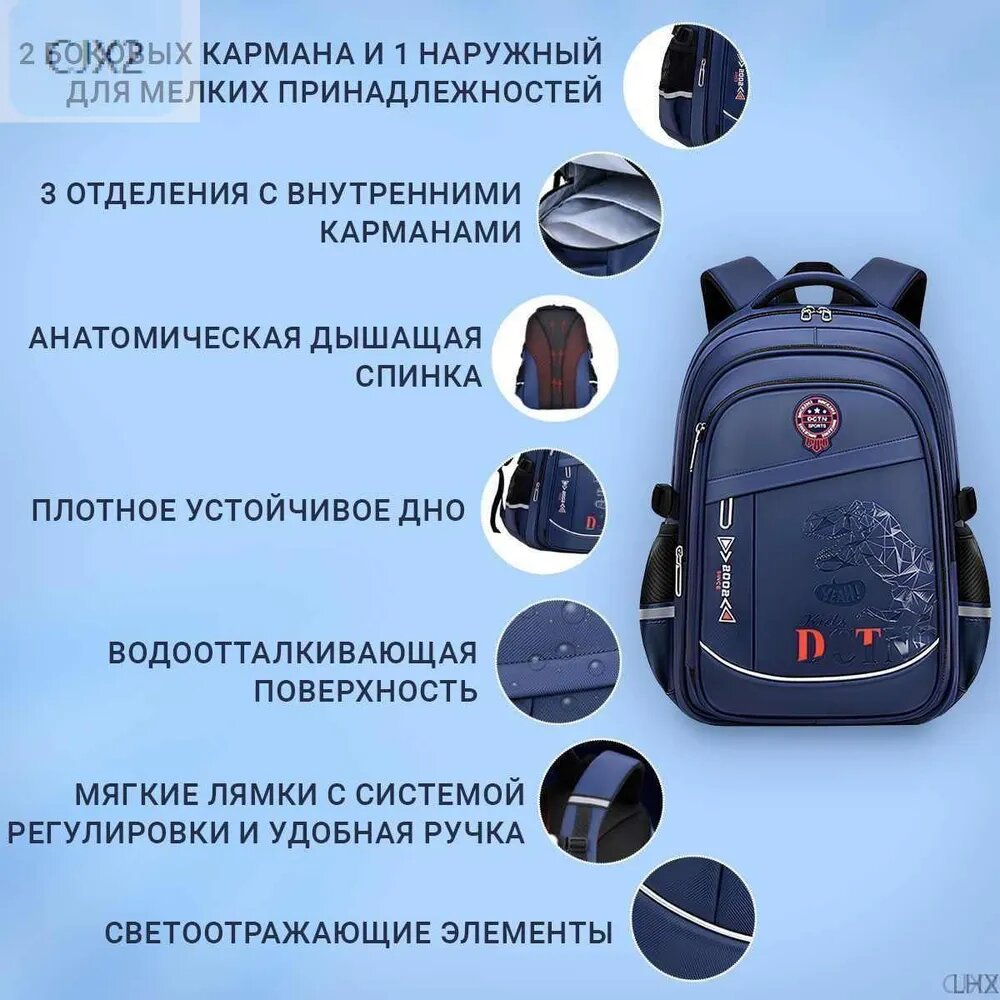 Школьный рюкзак для мальчиков и девочек, размеры 41x30x16 см, темно-синий, полиэстер — фото 1