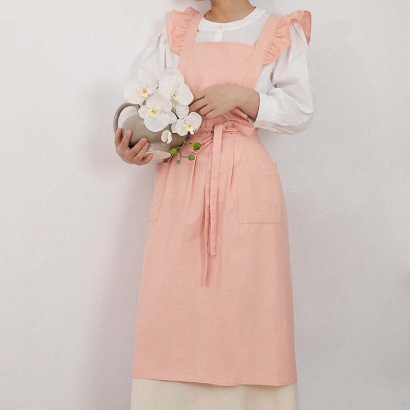 Японский и корейский стиль фартука с рюшами на плечах для женщин, дышащий хлопок и лен, оптовая продажа, водонепроницаемый, для дома, выпечки, кухни, французский стиль фартука