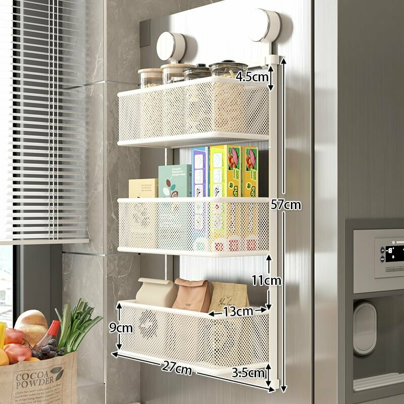 Стеллаж для хранения в холодильнике без сверления, боковой органайзер, многофункциональная настенная полка для специй, присоска, многослойная кухонная полка