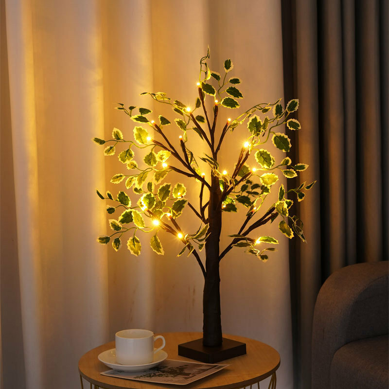 Tree Light led для помещений окно комната комод домашняя отделка свет Рождественская вечеринка сцена разметка светящееся дерево (Зеленый лист белый край высота 60CM 24LED Коричневое дерево свет, Теплое Белое)