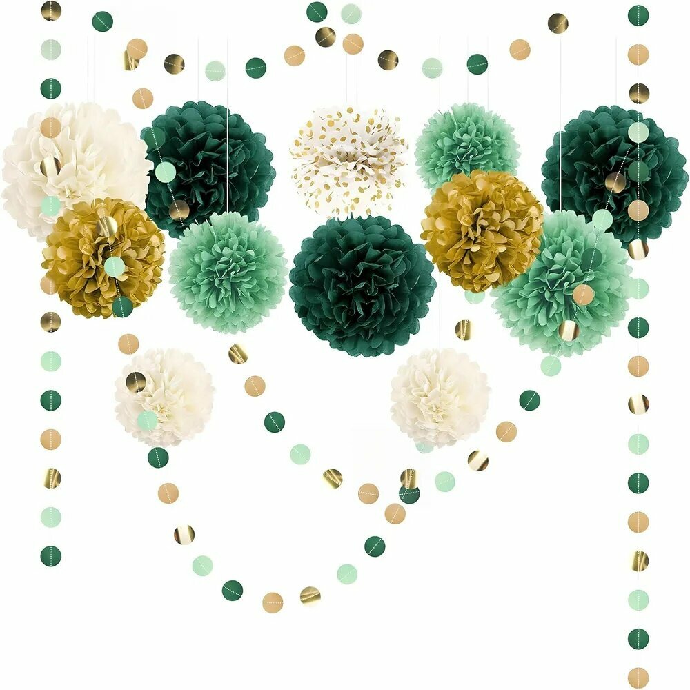 15 шт, зеленые, золотые и белые помпоны, декор с бумажными помпонами и точками, бумажная гирлянда