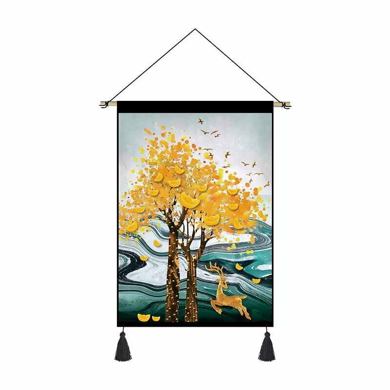 Настенное панно в скандинавском стиле: картина маслом, денежное дерево, лось, триптих для спальни, прикроватный декор,