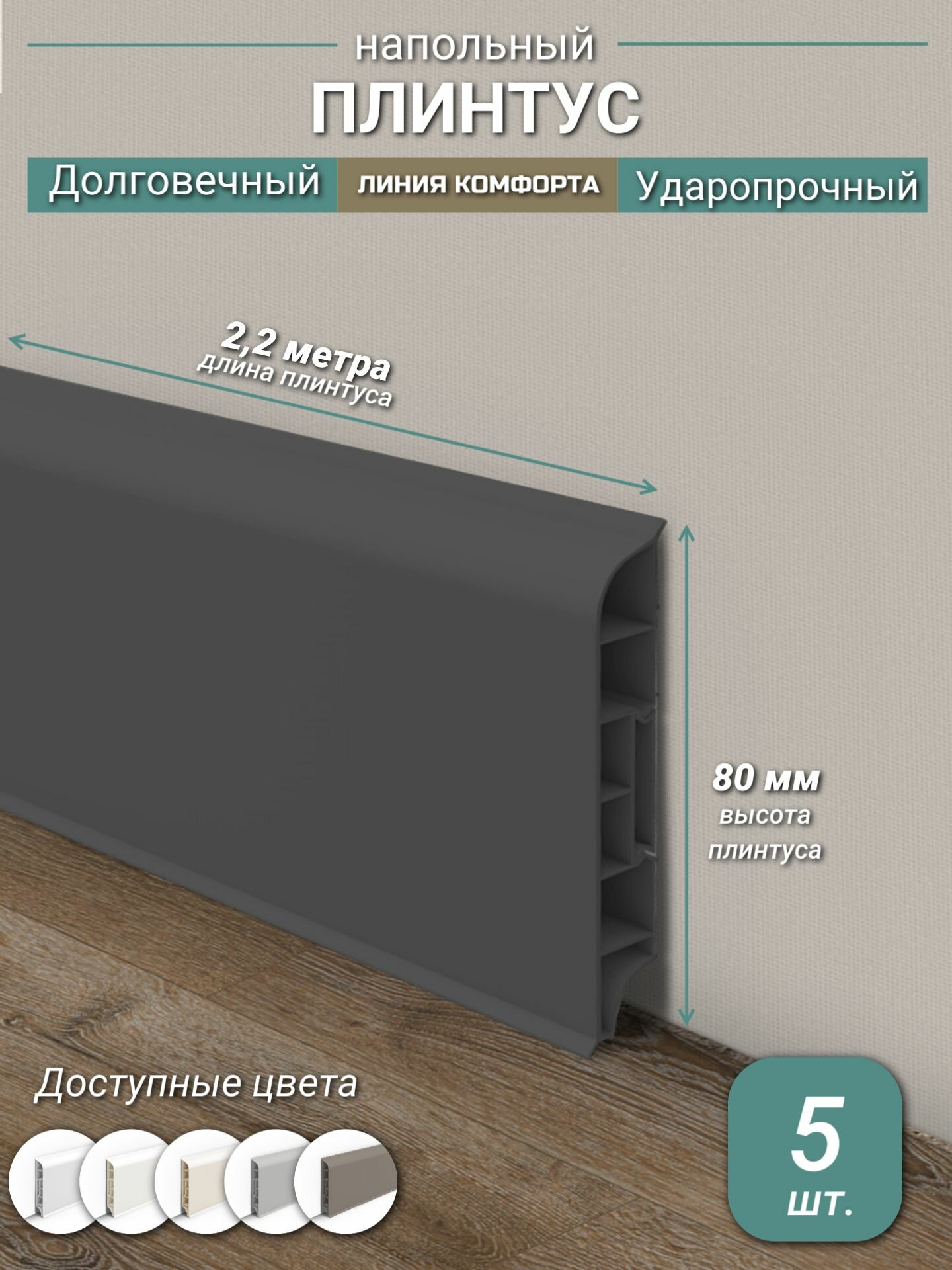 Плинтус Ideal, ПВХ, матовый, влагостойкий, ударопрочный, с кабель-каналом, 2,2 м, округлый, Графит - 5 шт.