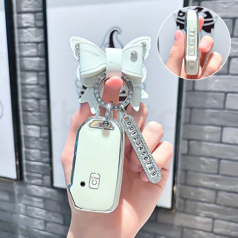 Чехол для ключей Kia белый 5 кнопок с бантиком