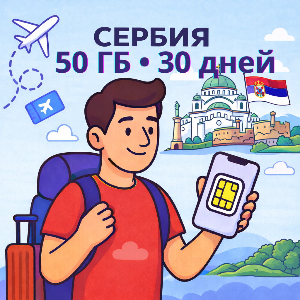 ESIM Сербия • Интернет • 50 ГБ на 30 дней • 5G/4G • Для телефона и планшета