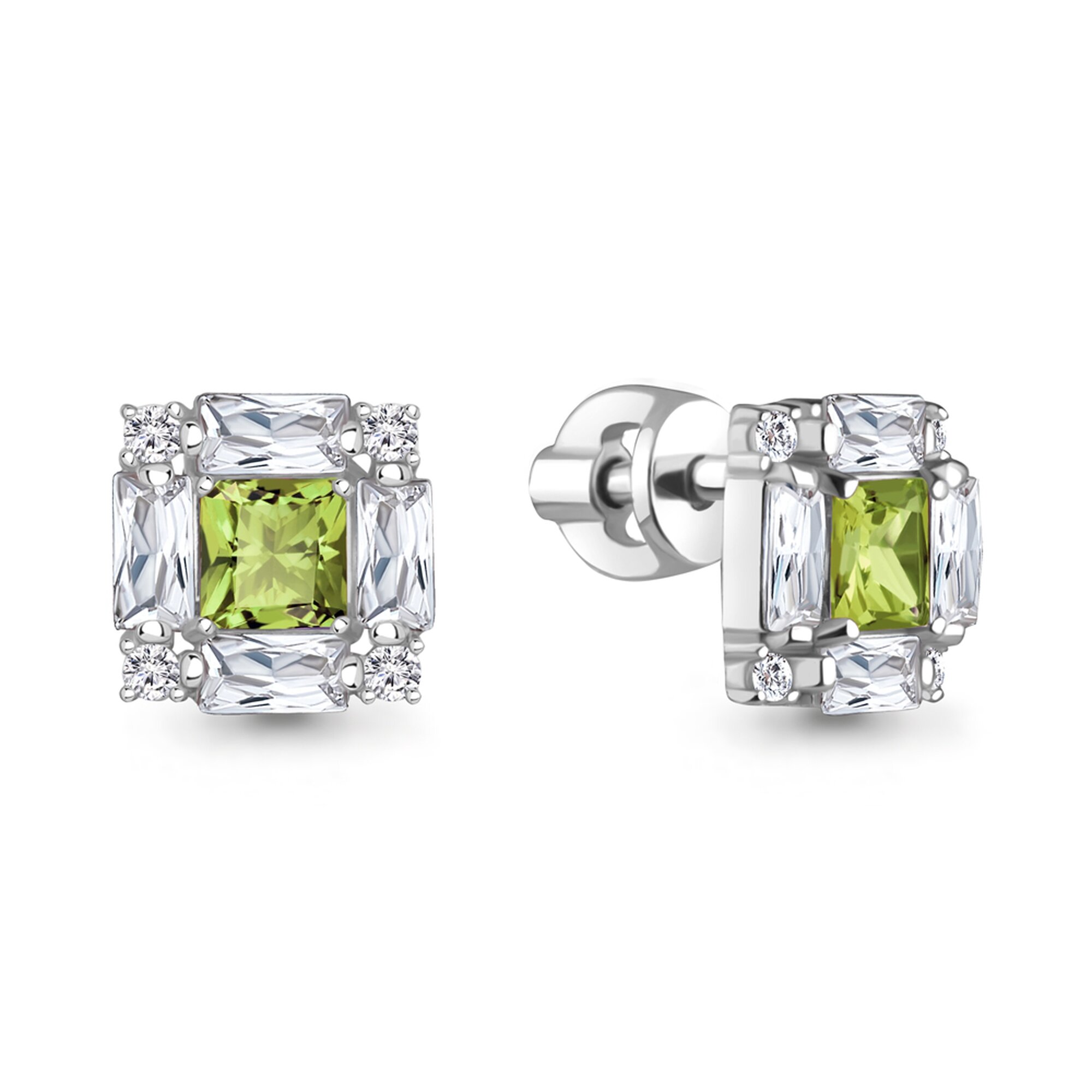 Серьги, серебро, 925 проба, родирование, фианит, хризолит