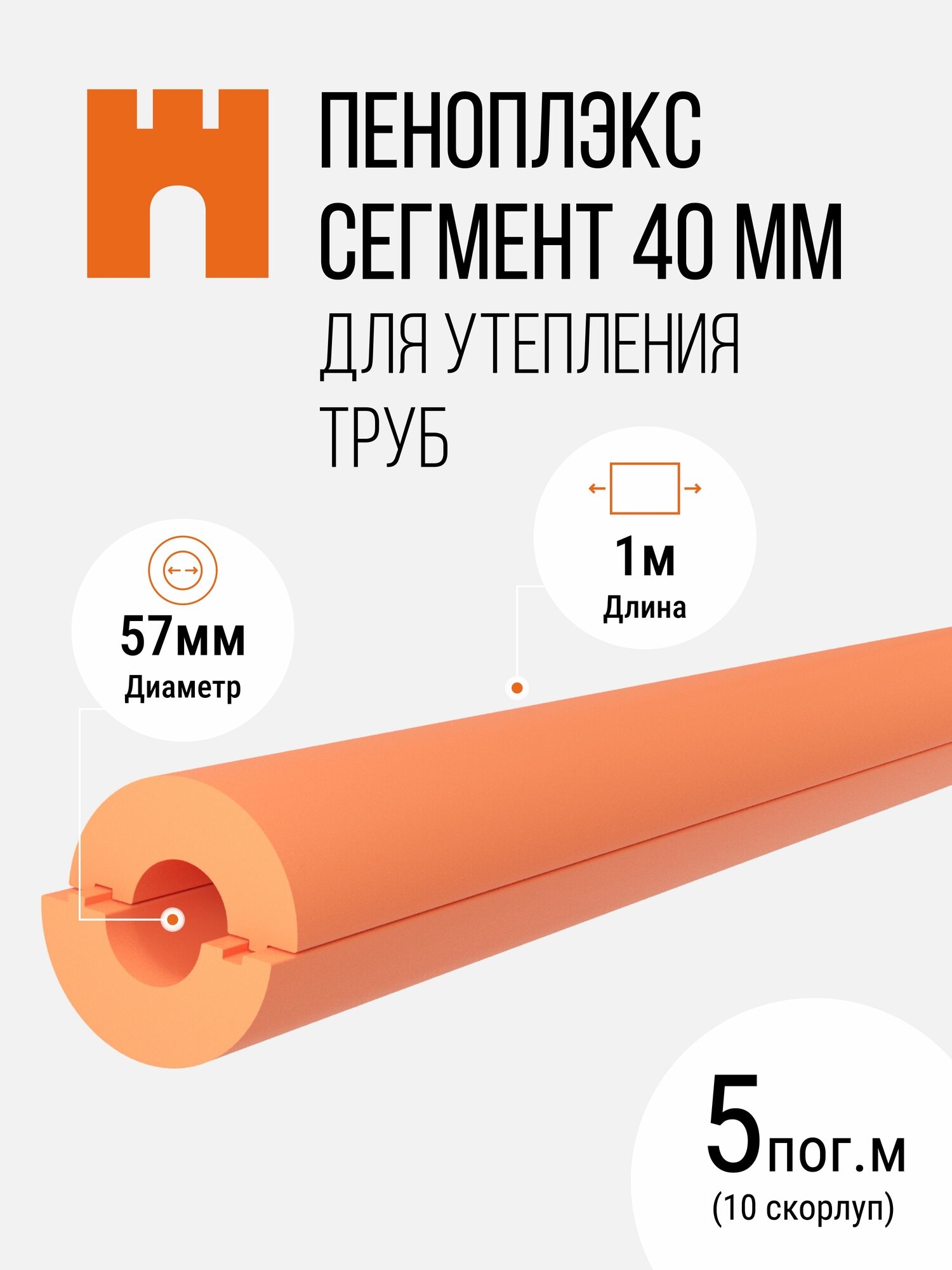 Утеплитель пеноплэкс для труб диаметром 57мм , скорлупа XPS 40мм, 5 пог. м, 10 скорлуп
