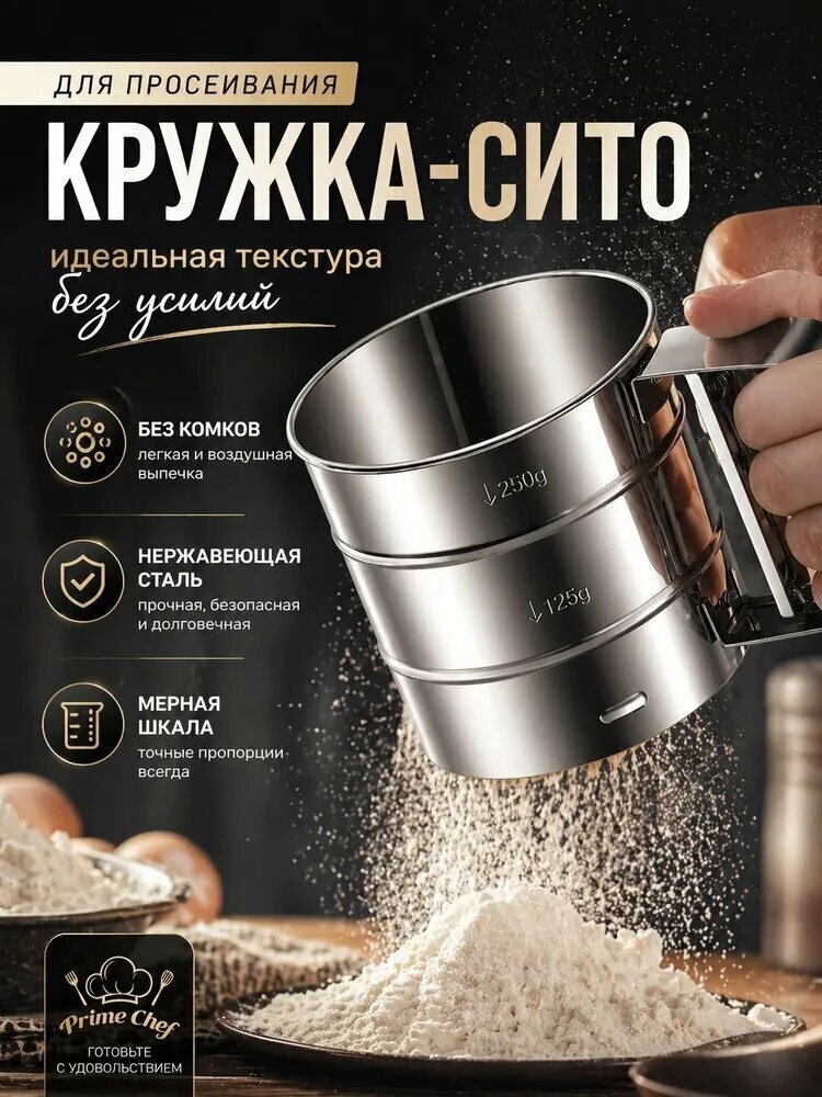 Кружка сито для муки Сито кружка для просеивания муки из стали, 10 см Prime Chef