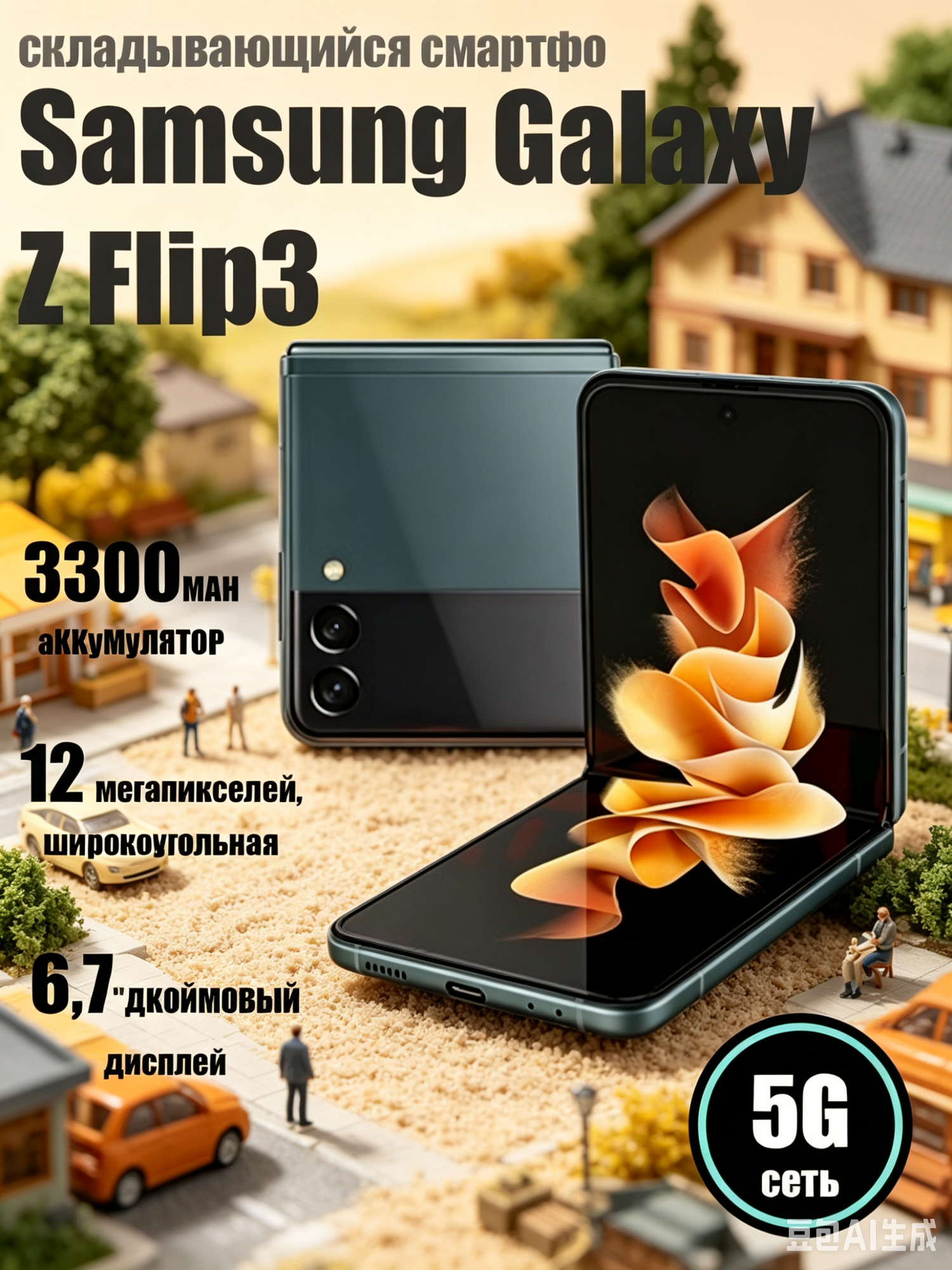 ОригиналСмартфон Samsung Galaxy Z Flip 3, 8+256GB, 1 nano SIM, Зелёный