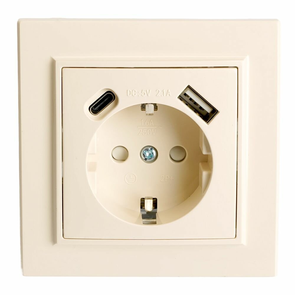 Розетка одноместная с заземлением , PST16-9016-02, 250В, 16А с USB+ type C, серия Эрна, слоновая кость STEKKER 50077