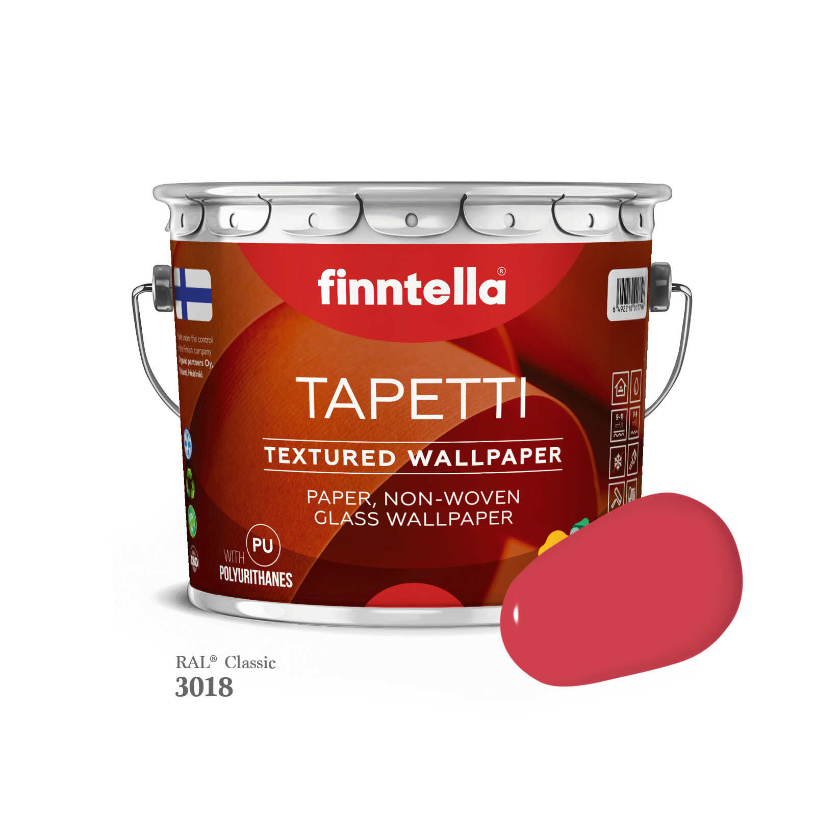 Шелковисто-матовая краска для обоев под окраску TAPETTI SILKKI Matta FINNTELLA, Цвет RAL 3018 Клубнично-красный (Strawberry red), 2,7л