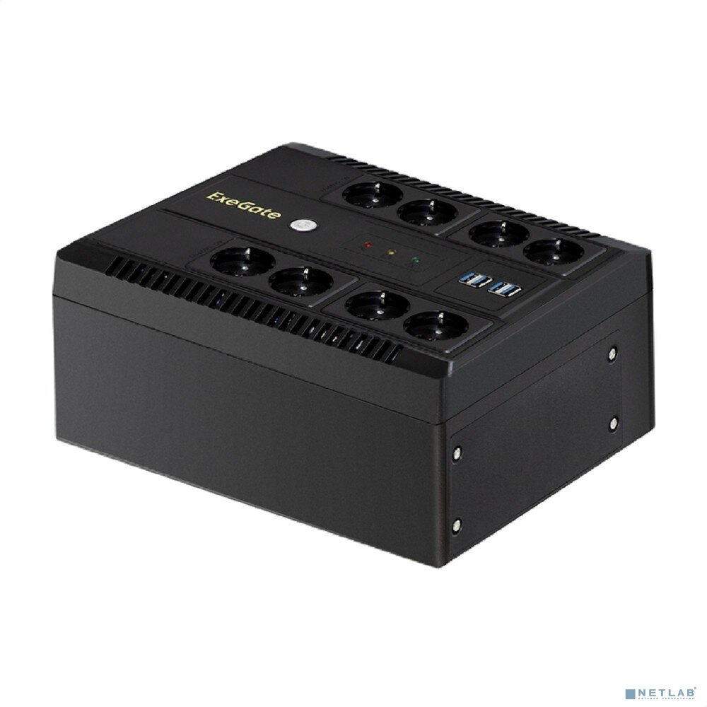 Exegate EX295012RUS ИБП ExeGate NEO NNB-850. LED. AVR.8SH. CH <850VA/510W, LED, AVR, 8*Schuko, 4*USB-порта для зарядки, Black>