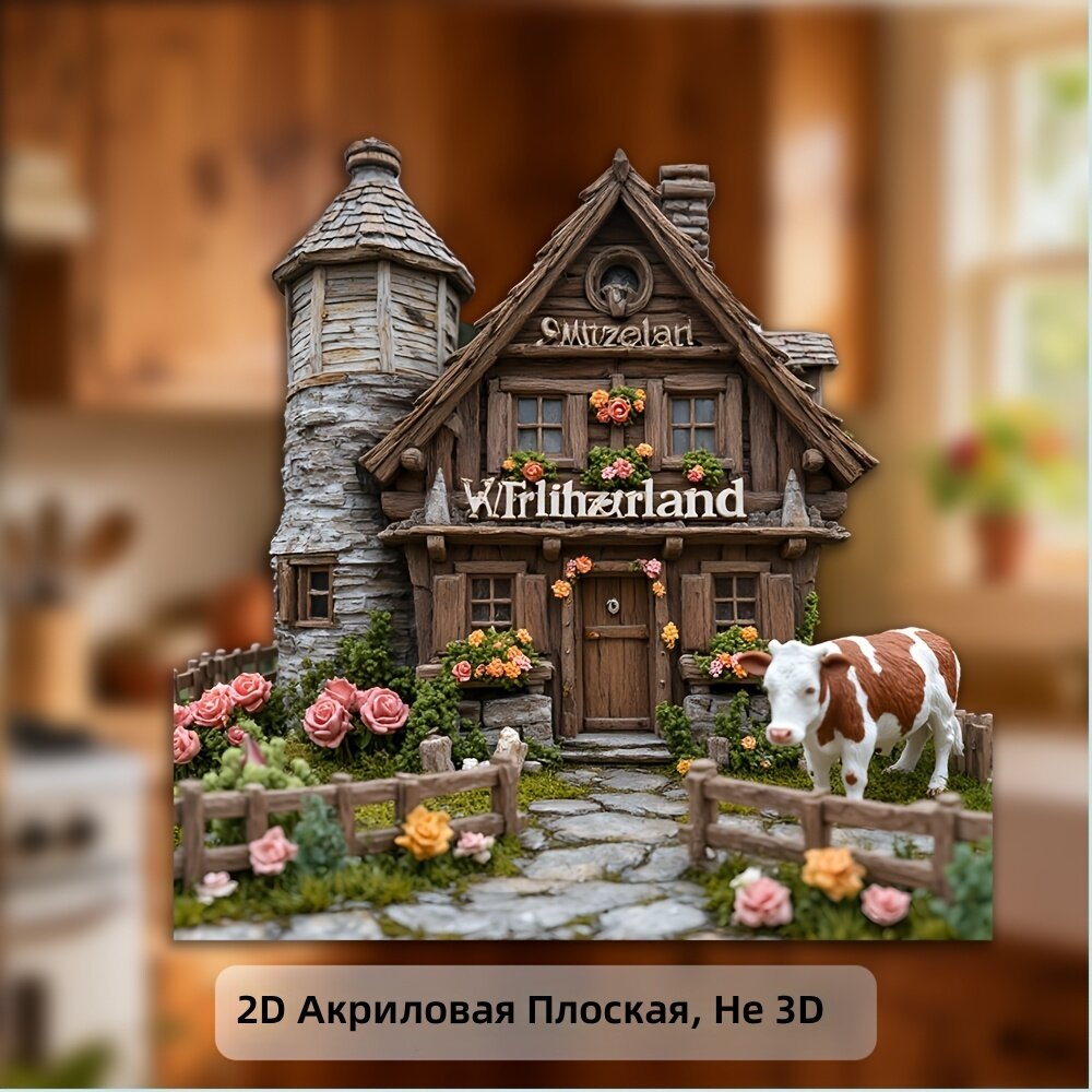 Акриловый квадратный магнит на холодильник «Швейцарская деревня» с мини-домиками и коровой