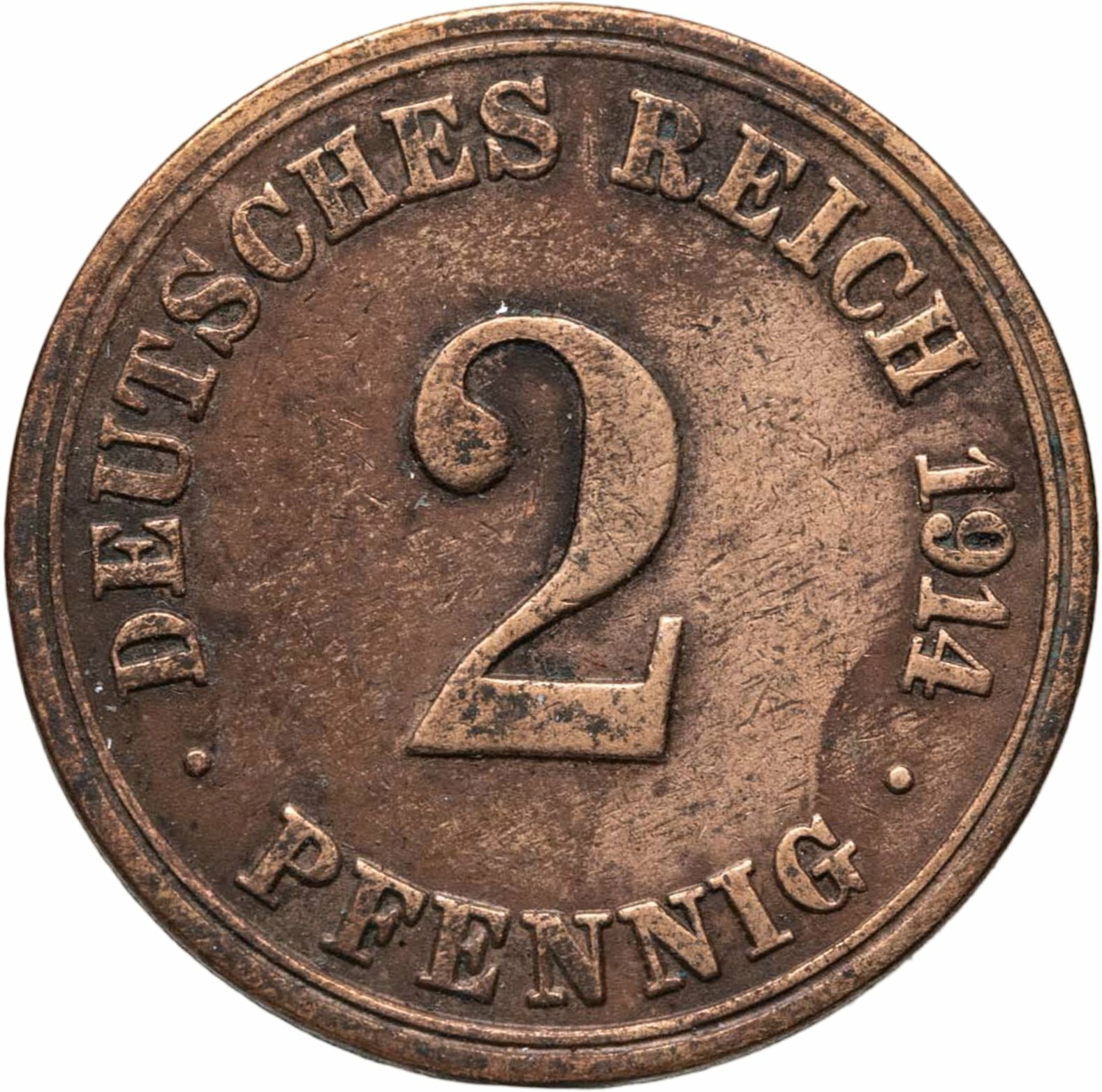 Германия 2 пфеннига pfennig 1914 A знак монетного двора: "A" - Берлин, Медь, в сохранности VF