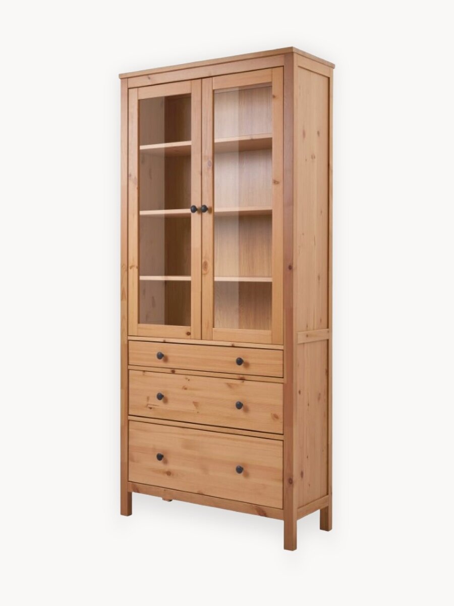 Шкаф-витрина для книг и посуды, 3 ящика кымор, 90х37х198, светло-коричневый