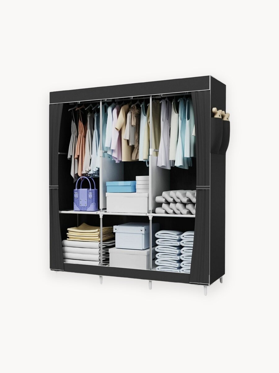 Шкаф тканевый сборный для одежды с полками черный большой