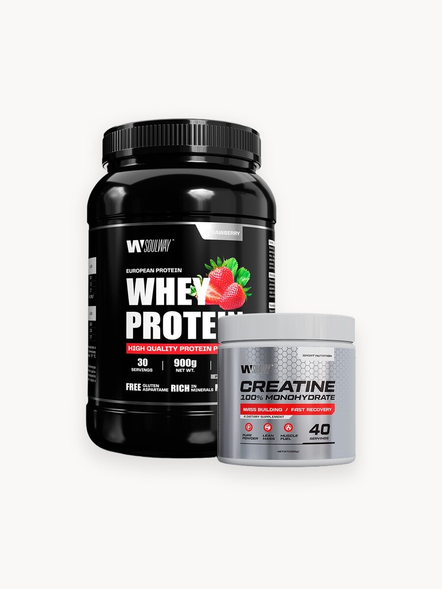 Комбо набор Протеин сывороточный клубничный 900 гр 30 порций + Креатин моногидрат без вкуса 200 гр 40 порций