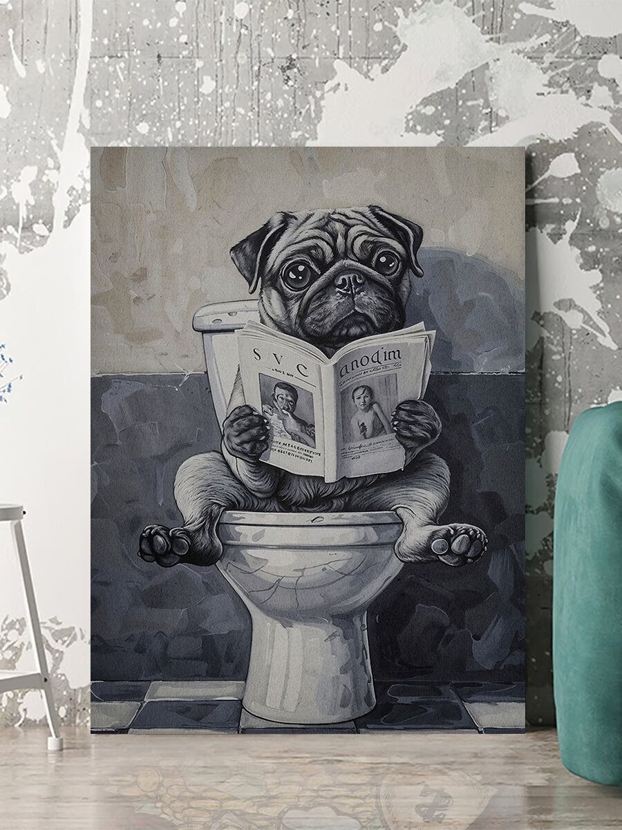 Картина на стену для интерьера - "Мопс в туалете, животные", 30х40 см.