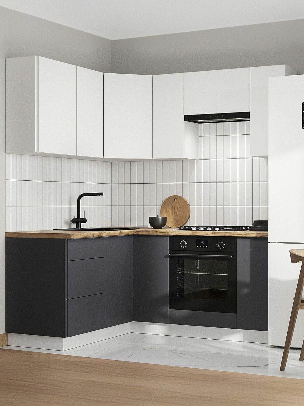 Кухонный гарнитур угловой Тандем 1.8х1.5 м, мебель для дома и кухни, Белый / Бланж / Графит