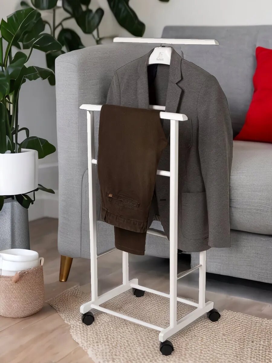 Вешалка напольная для одежды деревянная Женева люкс двойная на колесах массив бука цвет белый