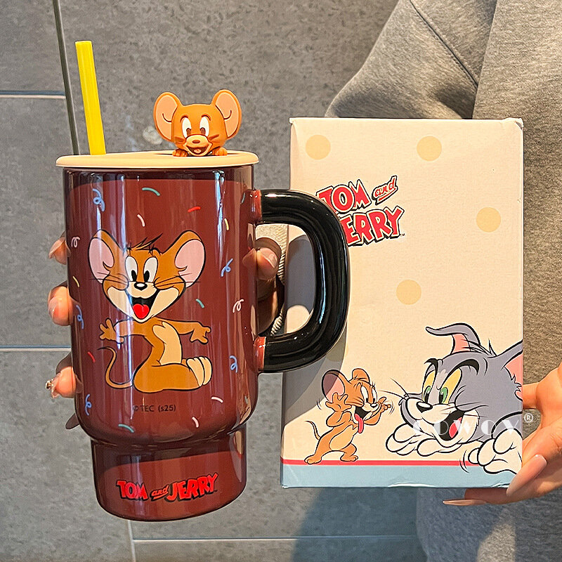 Кружка для воды с изображением Тома и Джерри, большая емкость, кружка с крышкой, керамическая чашка для дома с изображением мультфильма, чашка с соломинкой, кофейная чашка