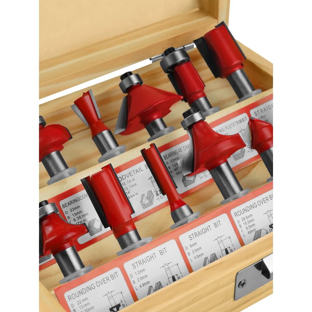 Набор твердосплавных фрез по дереву 12 шт vertextools 05-05-0512, для дсп мдф лиственных хвойных пород, стальной, 8 мм