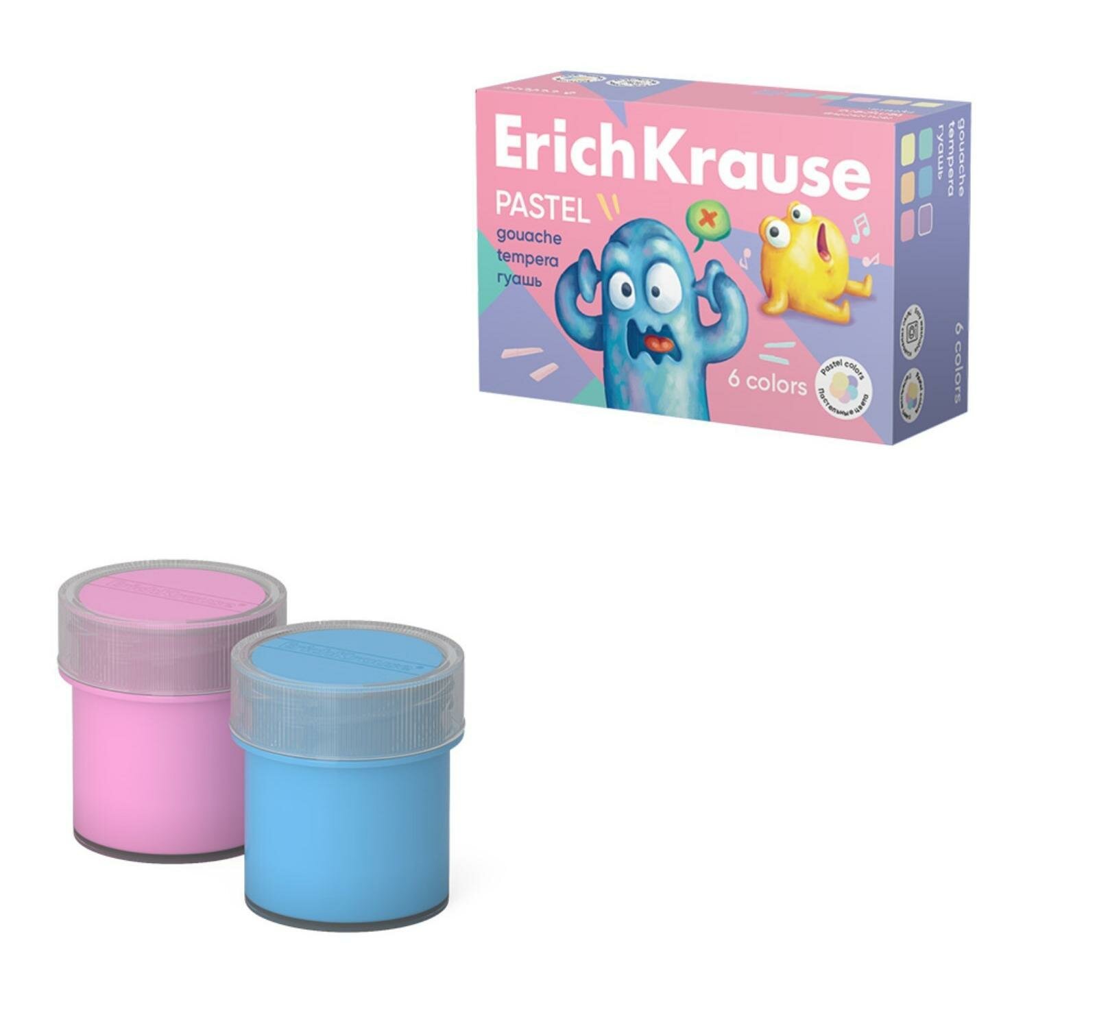Гуашь 6 цветов х 20 мл, ErichKrause "Jolly Friends Pastel", в картонной упаковке
