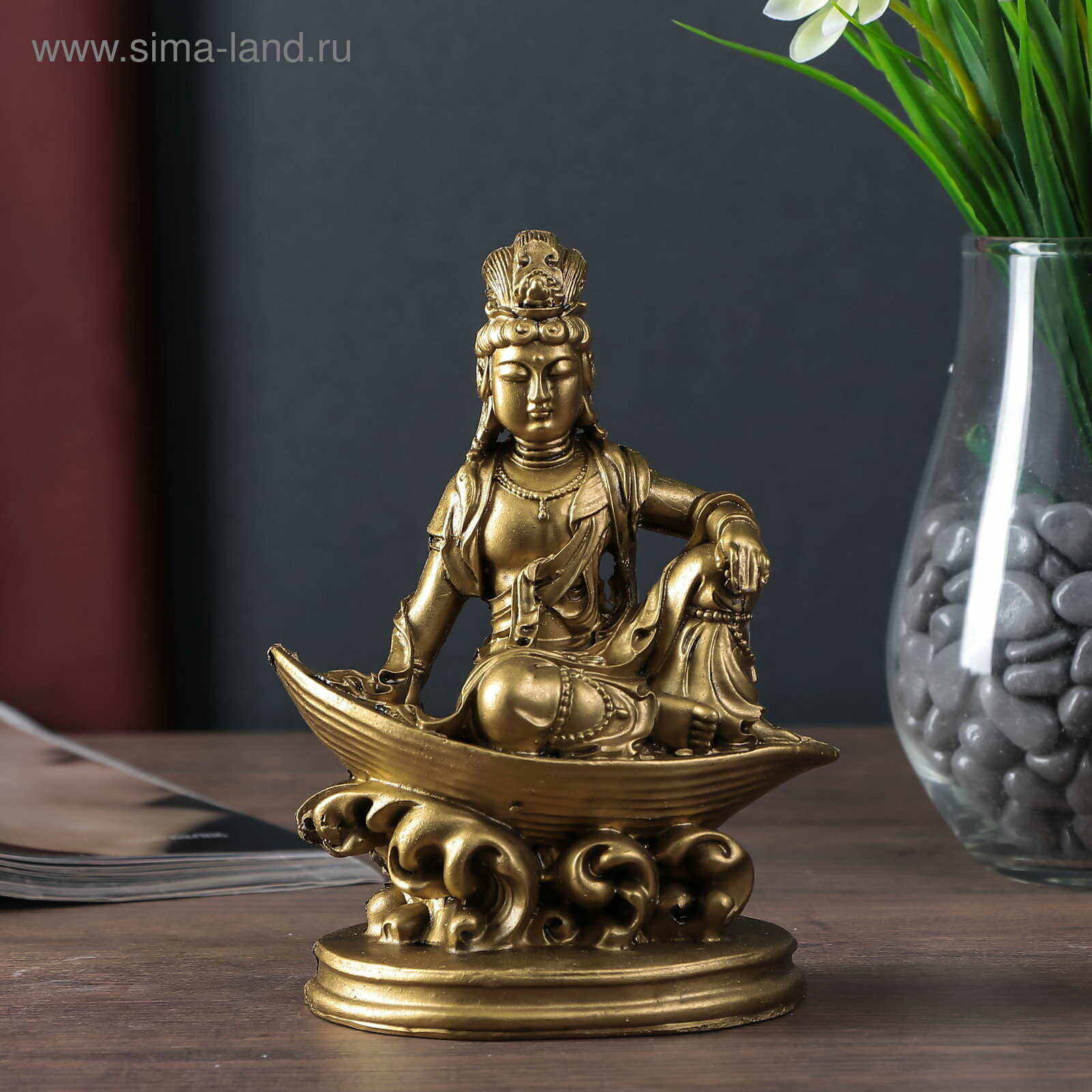 Нэцкэ фигурка "Лакшми в лодке", полистоун, под бронзу, 14.5x11x7 см