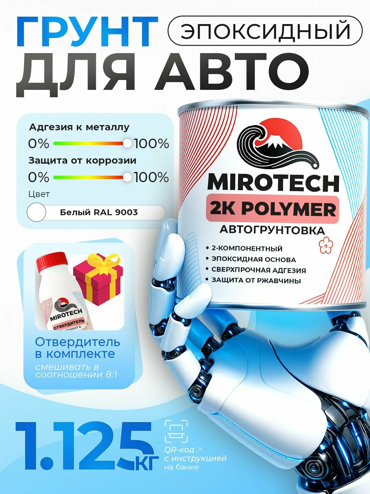 2К автогрунтовка двухкомпонентная MiroTech Polymer/ Эпоксидный грунт для авто антикоррозионный высокопрочный, цвет белый RAL 9003 (1 кг + 0,1 кг отвердитель)