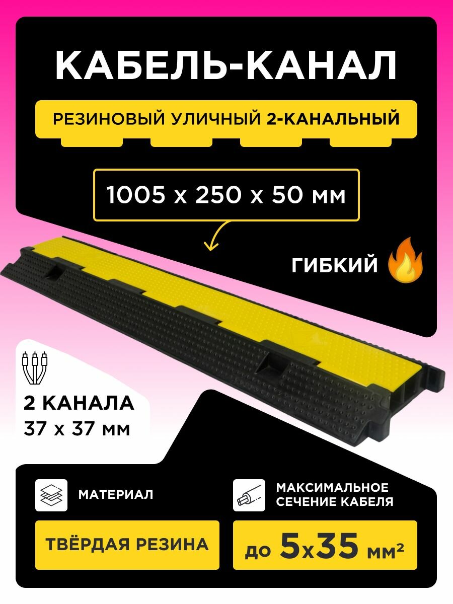 2х канальный кабель-канал 1005мм*250мм*50мм для проводов (кабельный трап, капа) резиновый напольный, 2 канала 37*37 мм.
