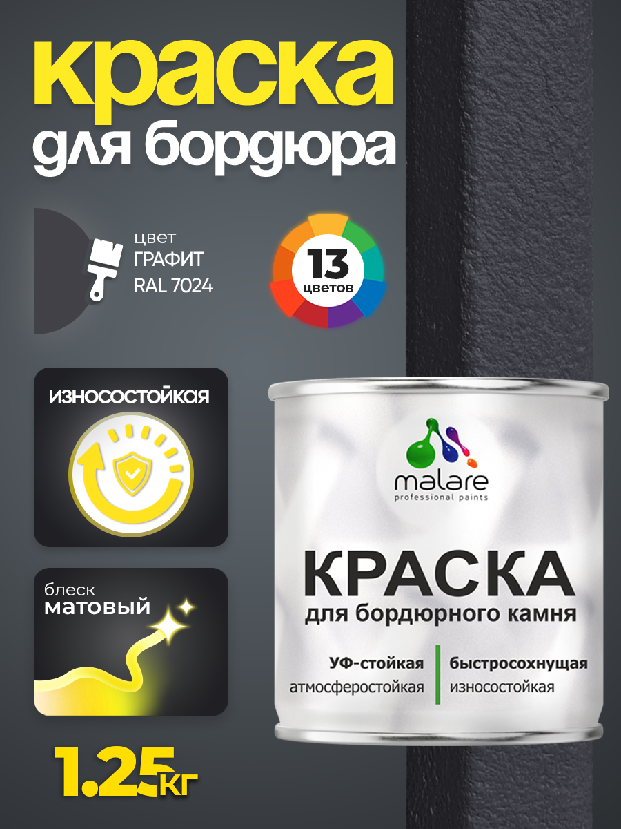Краска Malare для бордюрного камня, тротуарных камней и плит, износостойкая, быстросохнущая, матовая, 1,25 кг