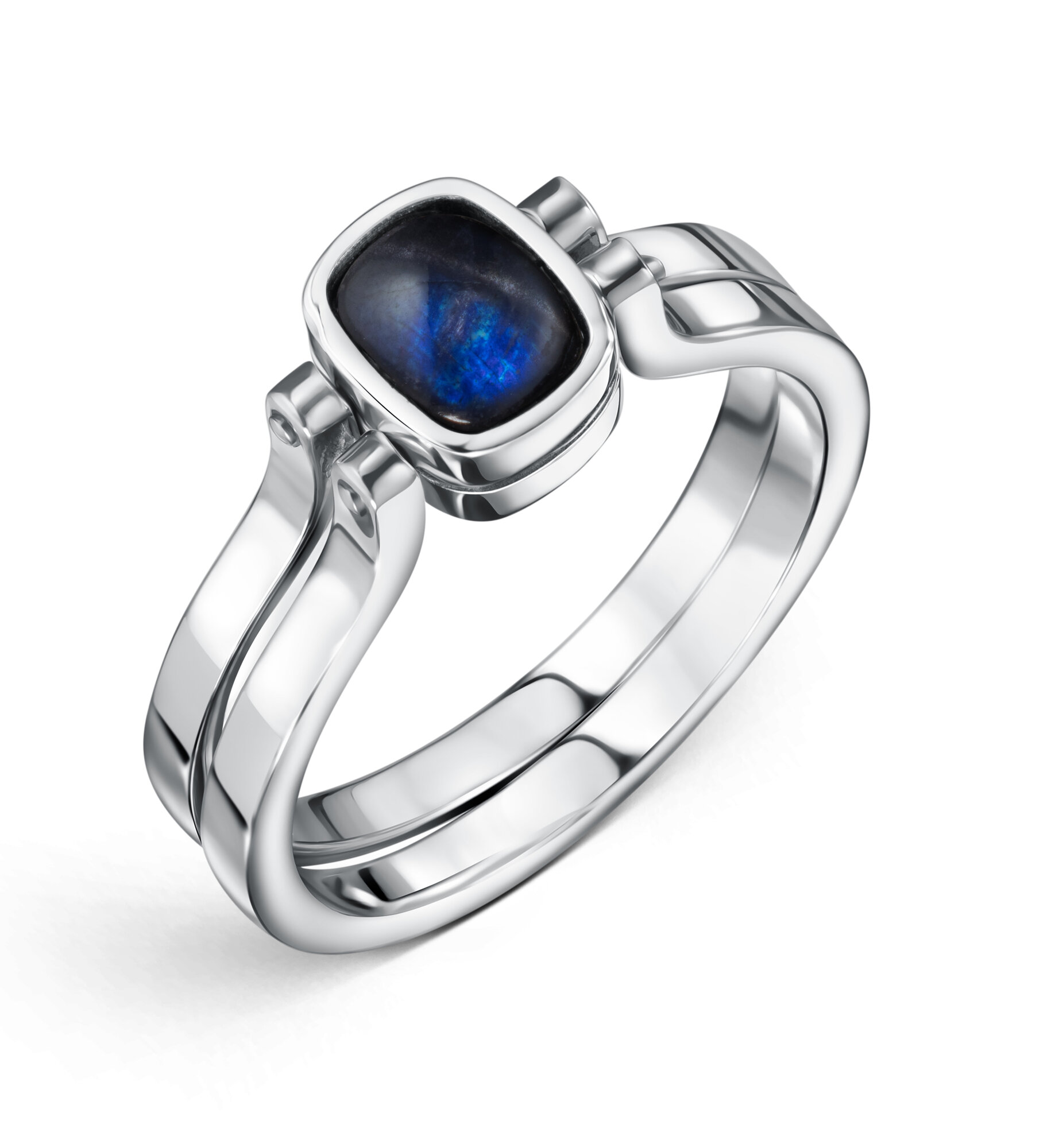 Кольцо механизм, тонкое, серебро, 925 проба, родирование, лабрадорит, гелиодор