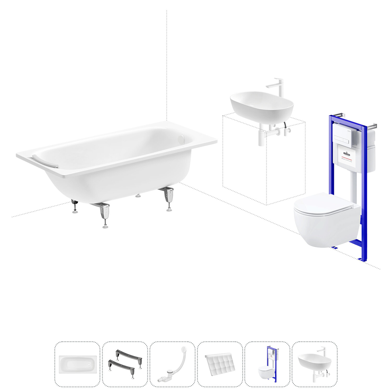 Стальная ванна 150х70 Sanitana BLB Universal 20220826R в наборе 6 в 1: металлическая ванна 150 х 70 см с шумоизоляцией, ножки, слив-перелив, подголовник, инсталляция с унитазом, раковина с комплектом для подключения