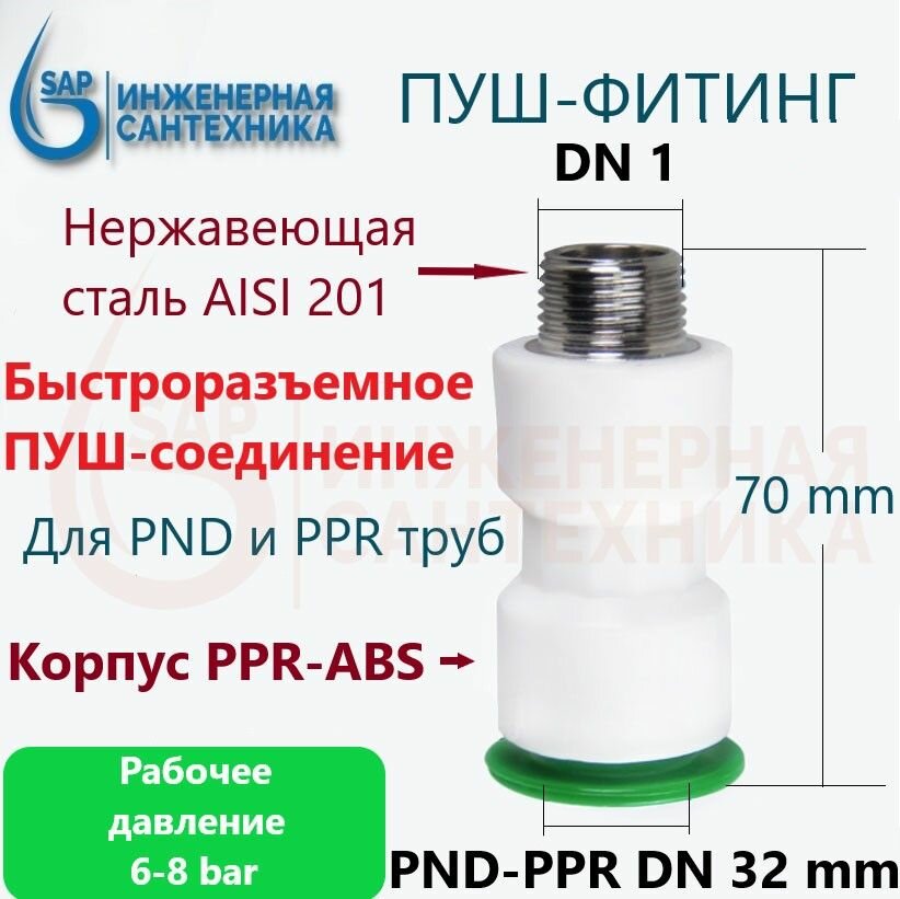 ПУШ муфта для ПНД и ППР труб, DN 32-1НР, 2 Штуки