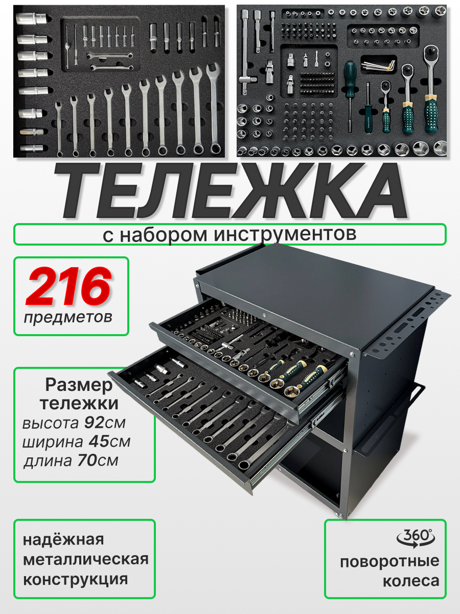 Тележка инструментальная Rockforce с набором инструментов 216 предметов в Мягких ложементах