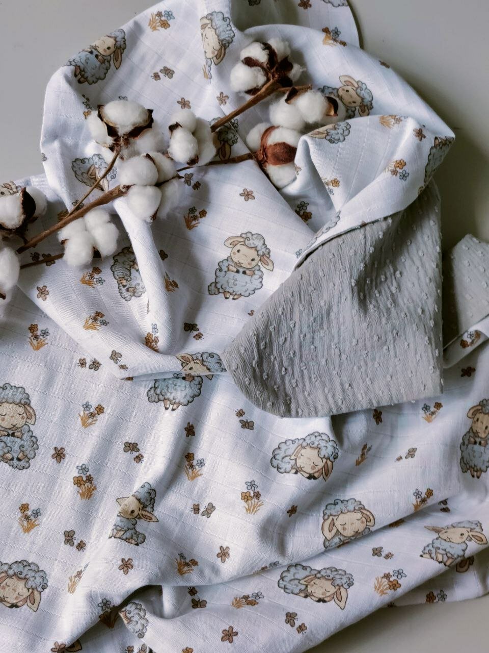 Плед CozyNestRF, для новорожденных, 75x105см, хлопок, муслин, бело-серый