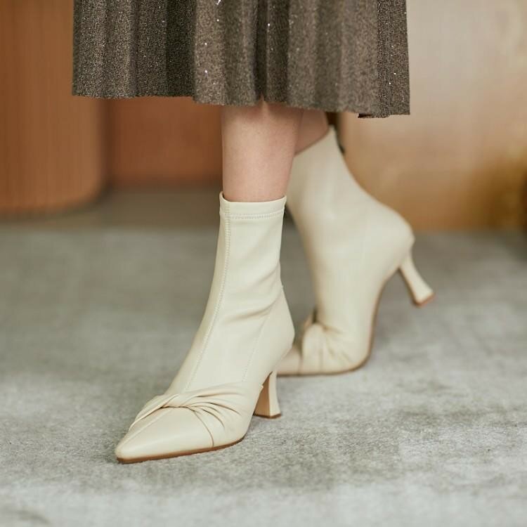 MOOCIE Женские ботильоны с острым носком, новинка 2025 года, осенне-зимние сапоги на высоком каблуке, универсальные, интернет-знаменитости, сексуальные, толстые, эластичные, узкие сапоги