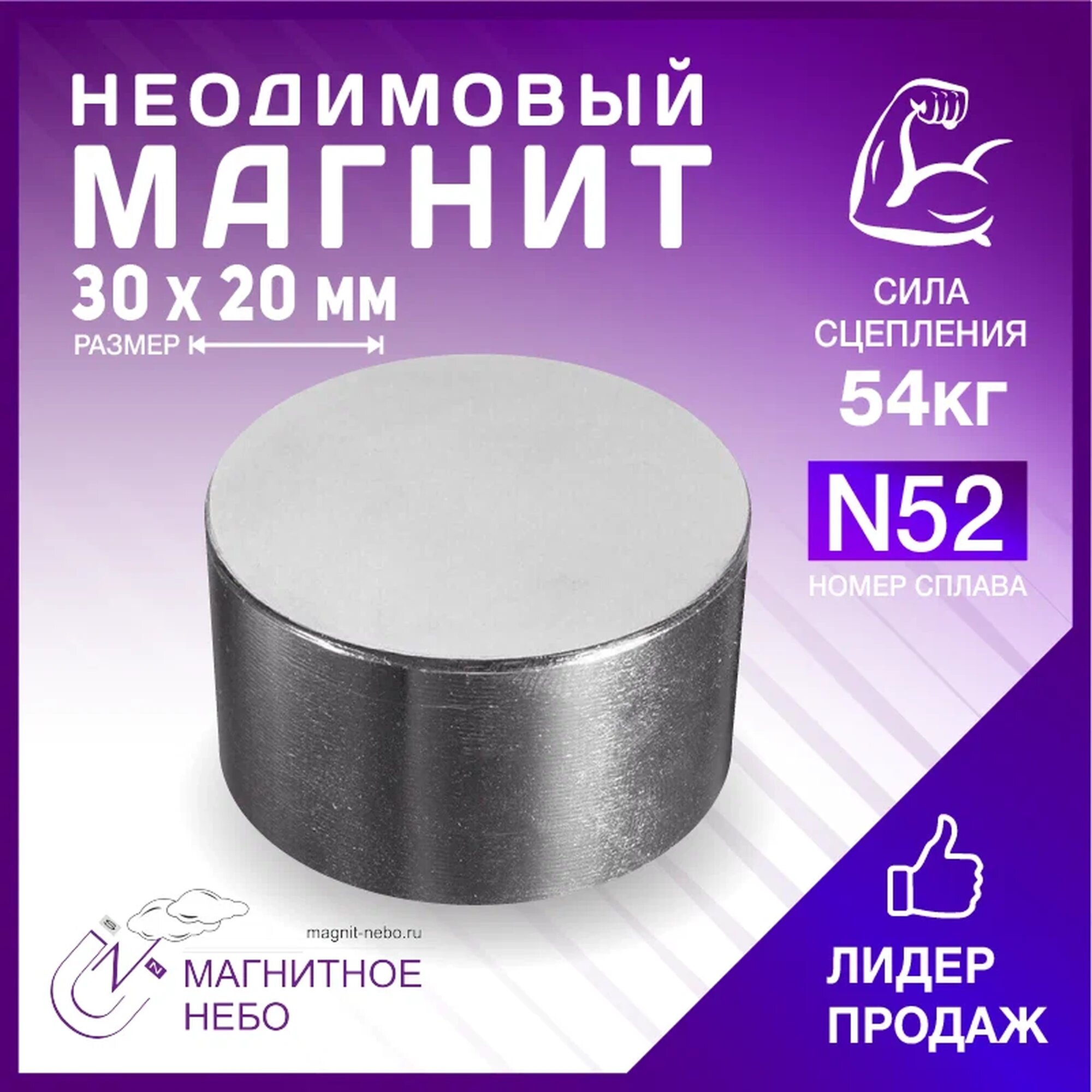 Магнит неодимовый мощный 30х20 мм N52, сила сцепления 54 кг, серебристый