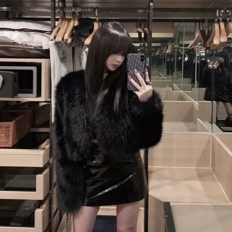 Осенне-зимняя шуба для женщин, супер стильная шуба из искусственной норки черного цвета, экологически чистая шуба с V-образным вырезом для женщин