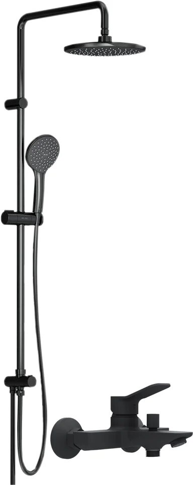 Душевая стойка AM.PM Gem F0790022 со смесителем, черная, матовая, душевая система с тропическим душем, с изливом, с девиатором, с лейкой, латунная, нержавеющая сталь
