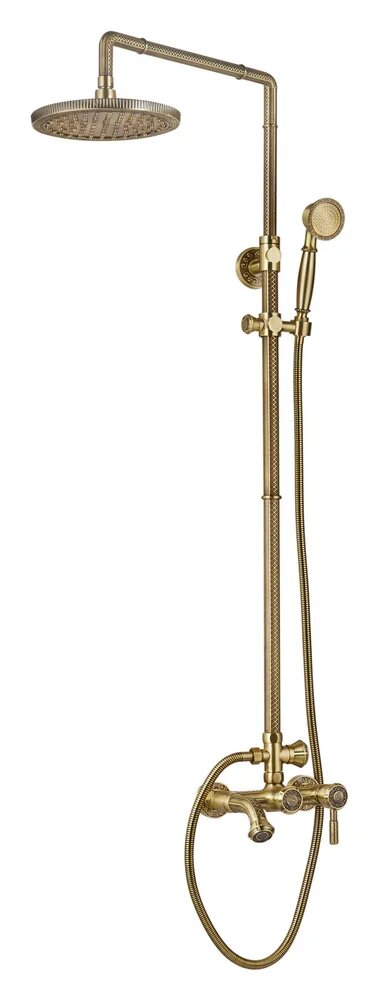 Душевая стойка Zorg Antic A 201DS-BR со смесителем, под бронзу, глянцевая, с тропическим душем, с изливом, с девиатором, с лейкой, душевая система, латунная, рычаг сбоку