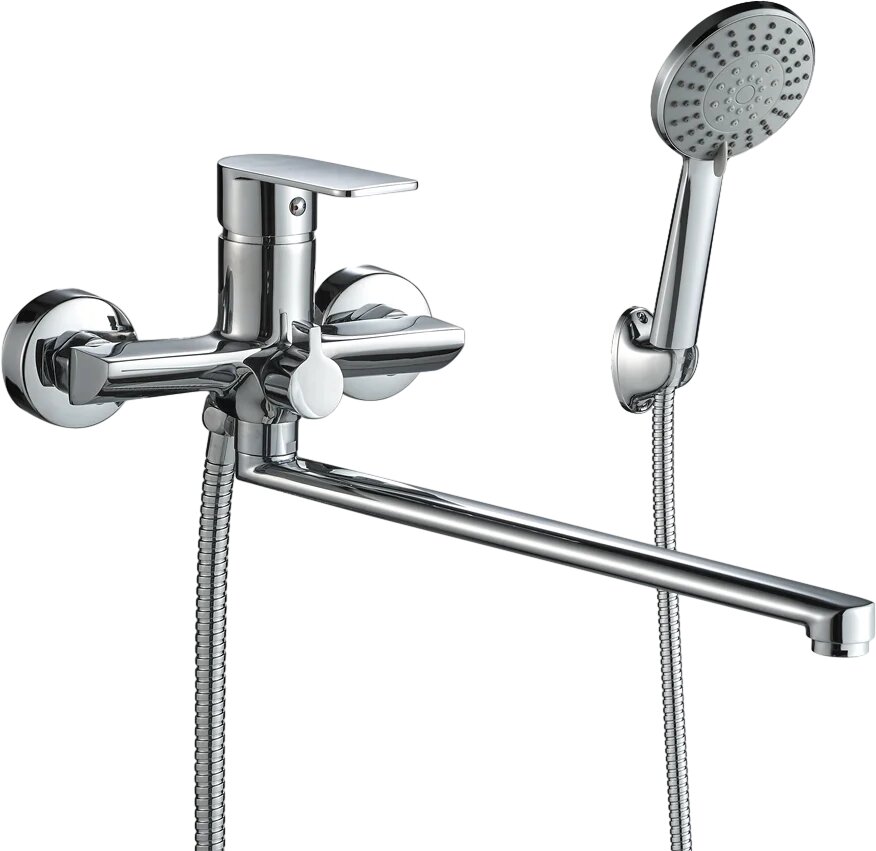 Смеситель с длинным изливом для ванны WesnaArt Ray RAY11-320 с душевым гарнитуром, поворотный, латунный, хром, глянцевый, смеситель для ванны с душем, рычажный, с настенным держателем
