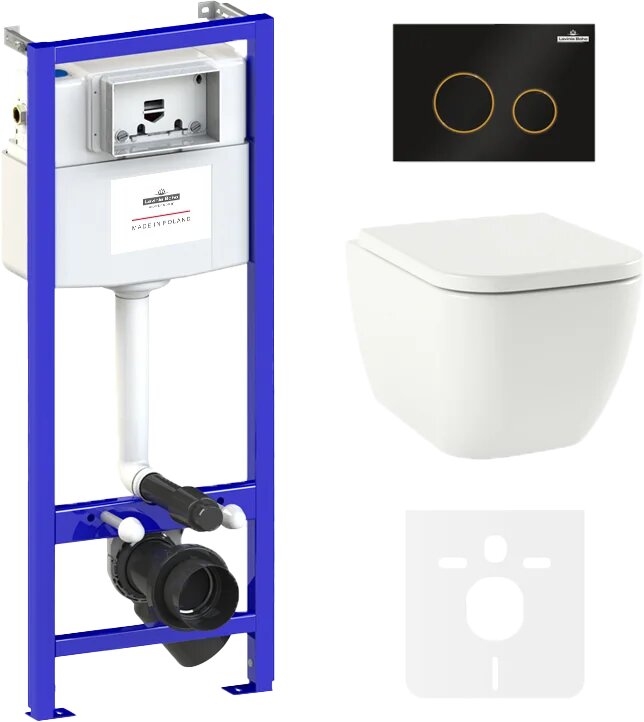 Комплект Унитаз подвесной безободковый One Rimless 3302103R / Быстросъемное сиденье микролифт 33290200 / Система инсталляции для унитазов Relfix 38010010, Кнопка смыва Relfix 38050803 матовая черная, золотой глянец